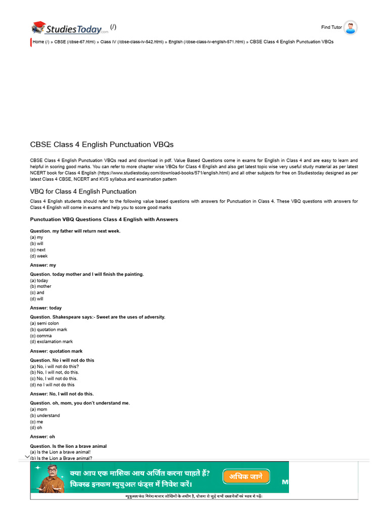 CBSE Class 4 English Punctuation VBQs | PDF | Comma | Multiple Choice
