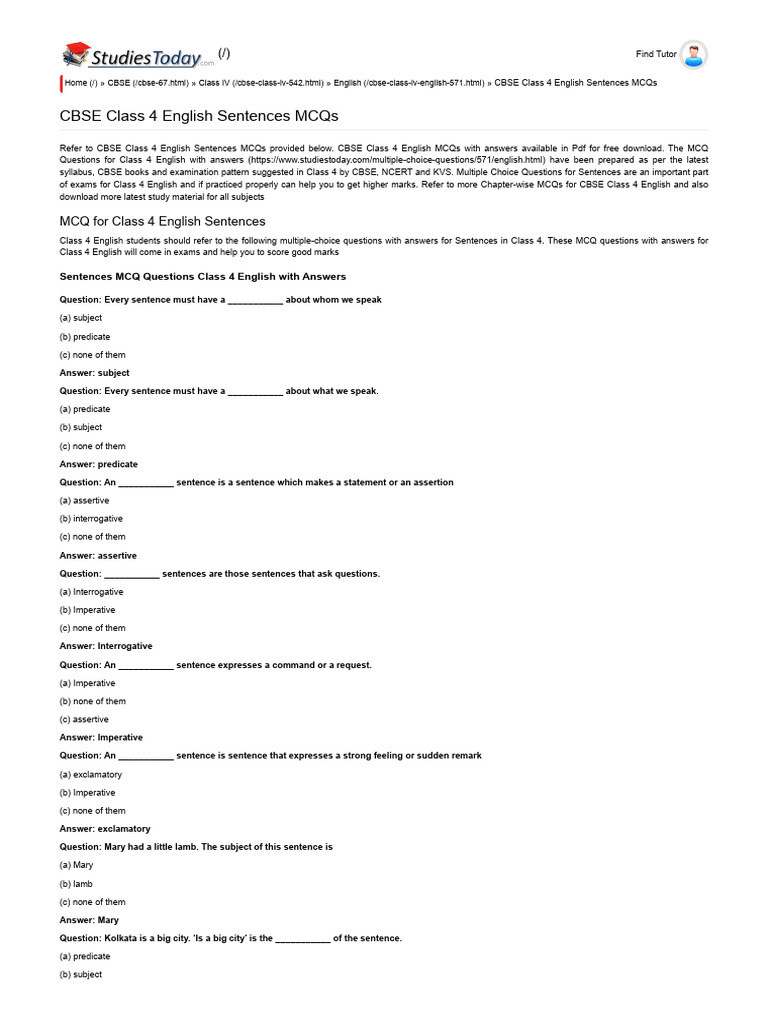 CBSE Class 4 English Sentences MCQs, Multiple Choice Questions | PDF ...