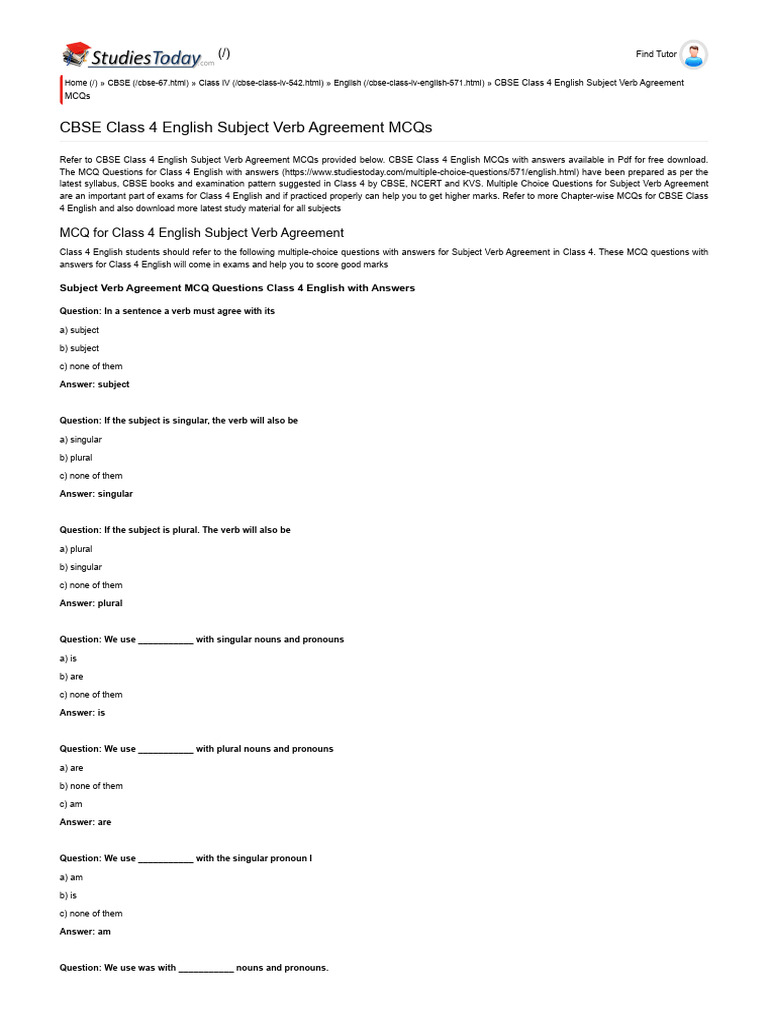 Class 4 Subject Verb Agreement MCQs | PDF | Multiple Choice | English ...