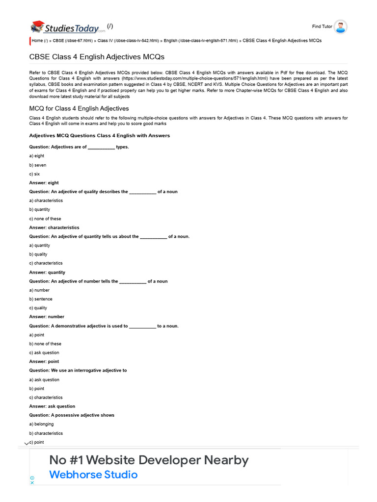CBSE Class 4 English Adjectives MCQS, Multiple Choice Questions | PDF ...