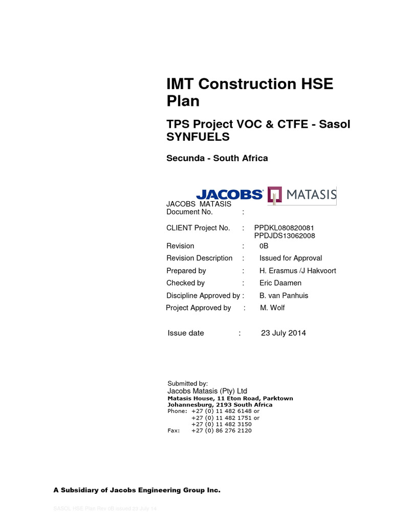 SASOL HSE Plan Rev 0B Issued 23 July 14 | PDF | Safety | Occupational Safety And Health