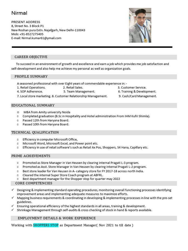 Nirmal CV New | PDF | Retail | Sales