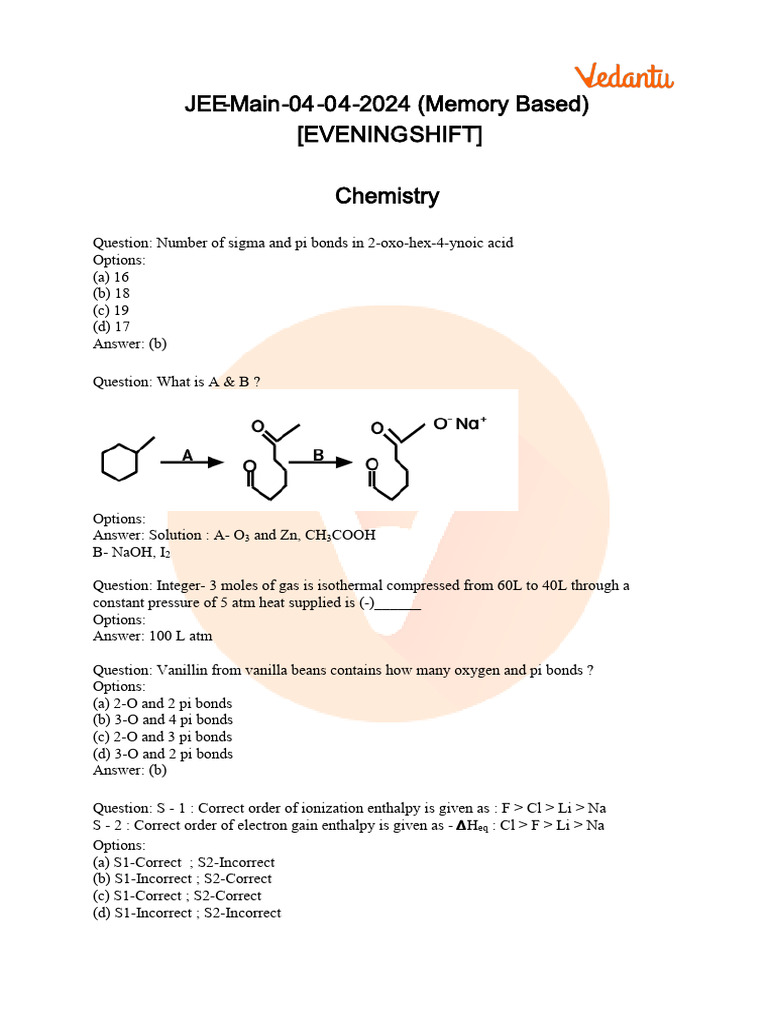 JEE Main 2024 (April 4 Shift 2) Chemistry Question Paper With Solutions ...