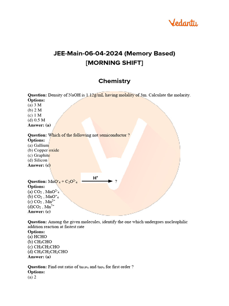 JEE Main 2024 (April 6 Shift 1) Chemistry Question Paper With Solutions ...