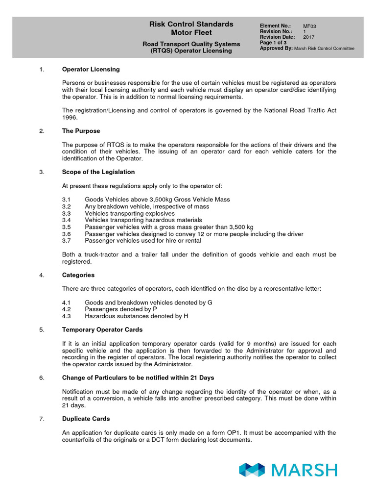 MF03 - Road Transport Quality Systems (RTQS) Operator Licensing | PDF | Vehicles | Dangerous Goods