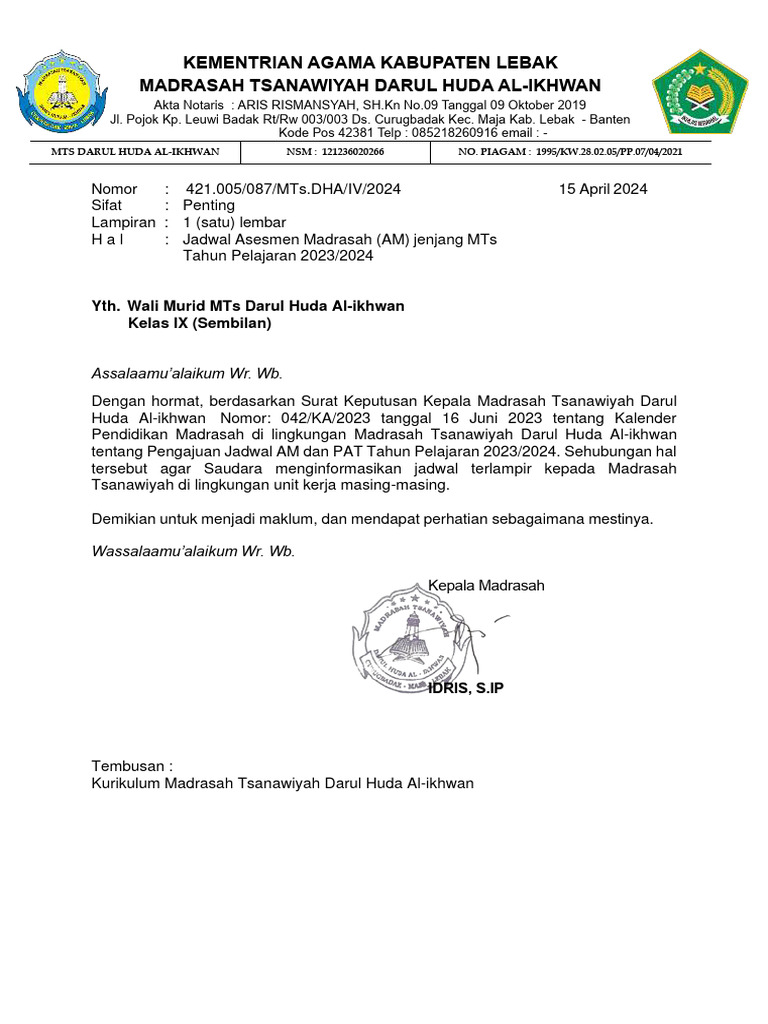 Jadwal Asesmen MTs Al-Ikhwan 2023/2024 | PDF