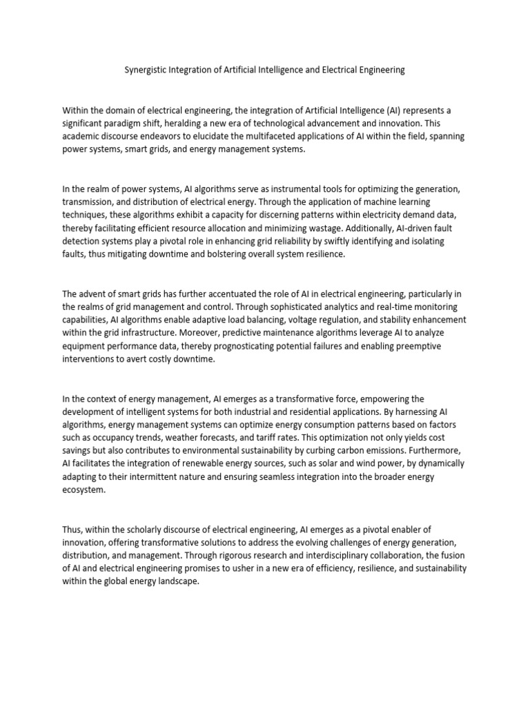 Synergistic Integration of Artificial Intelligence and Electrical Engineering | PDF | Artificial ...