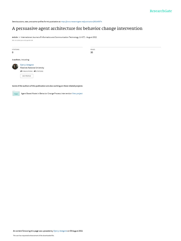 A Persuasive Agent Architecture For Behavior Change Intervention | Download Free PDF ...