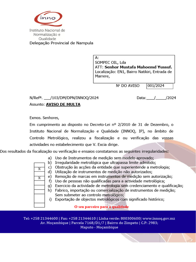 Aviso de Multa à SOMPEC OIL, Lda | PDF | Metrologia