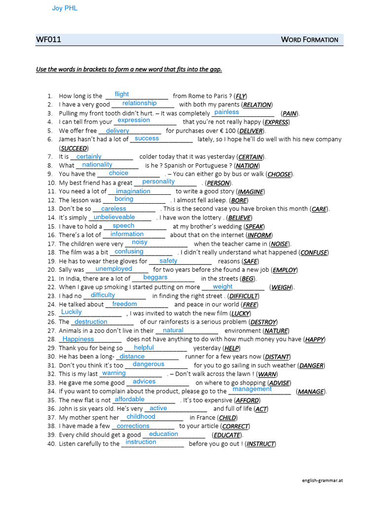 Word Formation Exercises with Answers | PDF