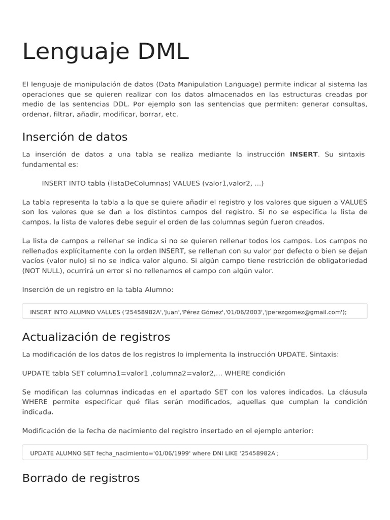 Lenguaje DML | PDF | Ingeniería de software | Gestión de tecnología de la información