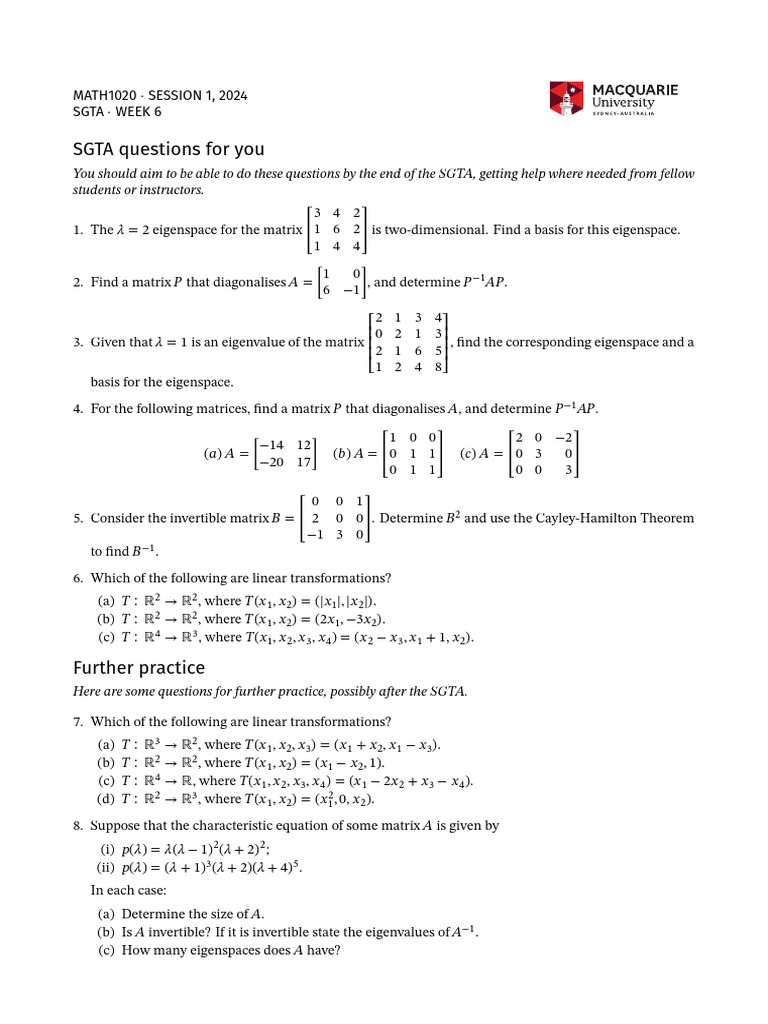 Math1020 Sgta Week6 Qns | PDF | Eigenvalues And Eigenvectors | Matrix (Mathematics)