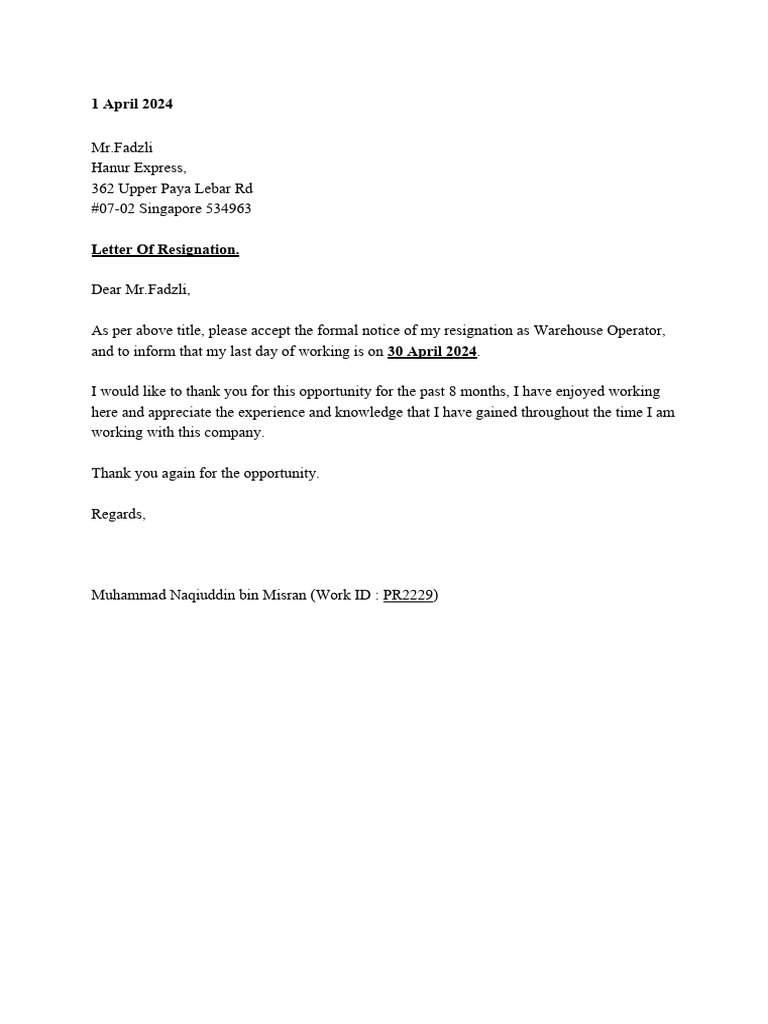 Warehouse Operator Resignation Notice | PDF