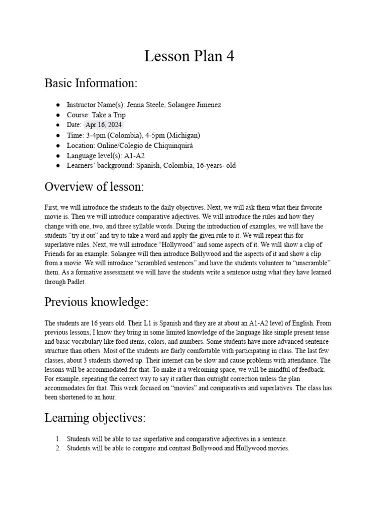 Jenna Reflection Lesson Plan 4 1 | PDF | Lesson Plan | Cognition