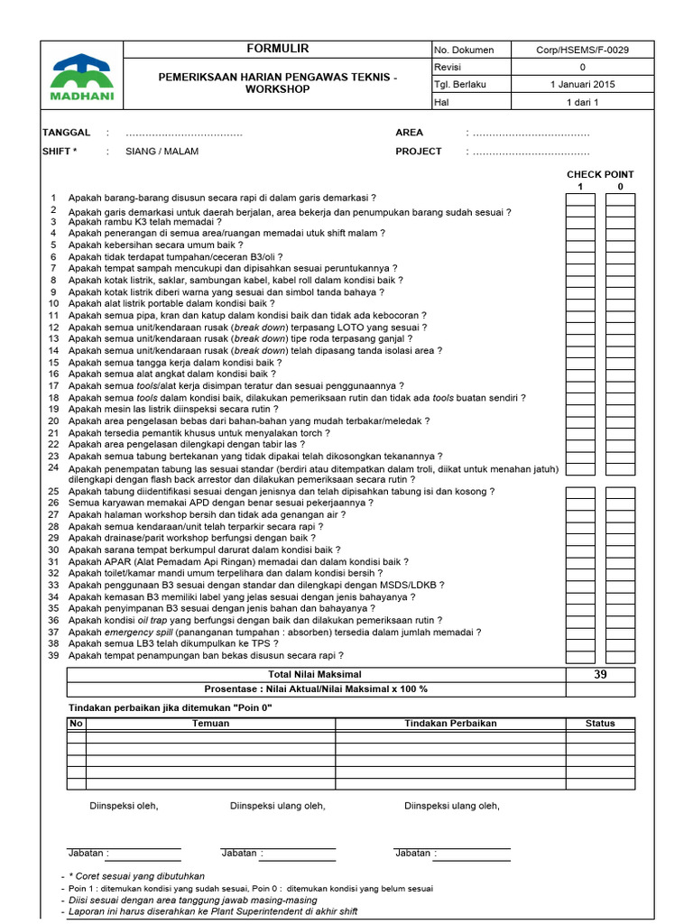 Formulir Pemeriksaan Harian Pengawas Teknis | PDF