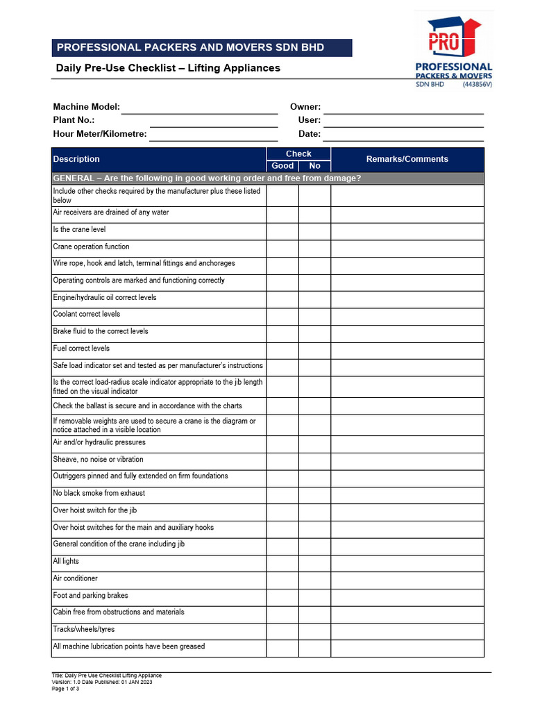 Daily Pre Use Checklist Mobile Crane | PDF | Crane (Machine ...