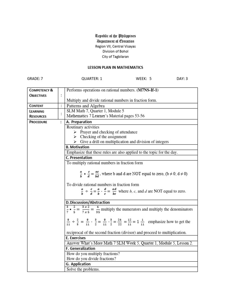 Bohol MATH7 Q1 PLP5Day3 v.01 | PDF | Multiplication | Mathematics