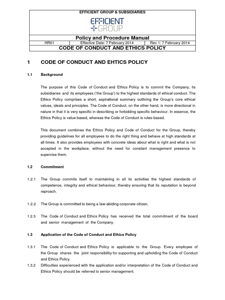 HR01 Code of Conduct and Ethics Policy | PDF | Employment | Business