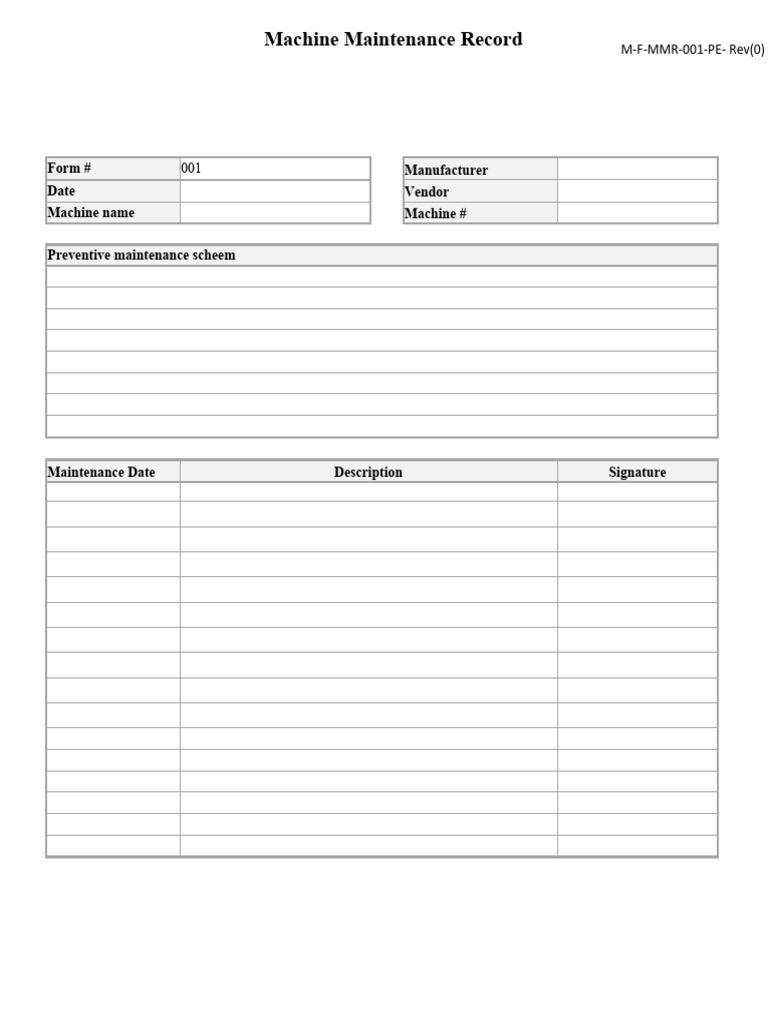 5 - Machine Maintenance Record - M-F-MMR-001-PE - Rev | PDF | Vehicle ...