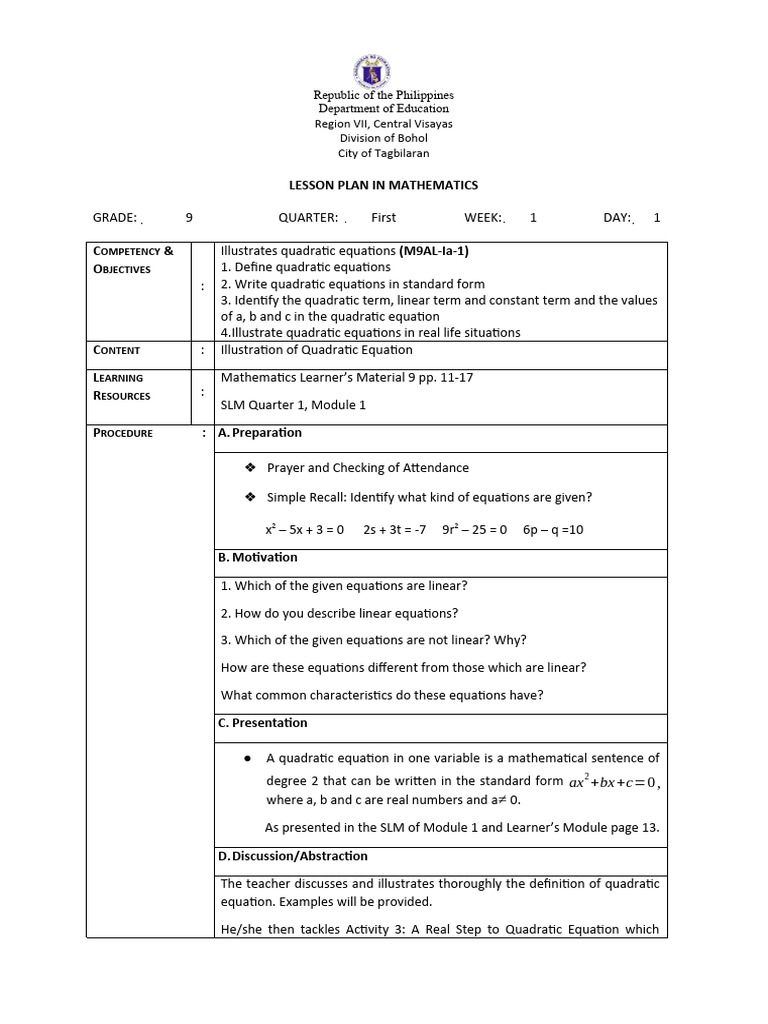 Quadratic Equations Lesson Plan | PDF | Equations | Square Root