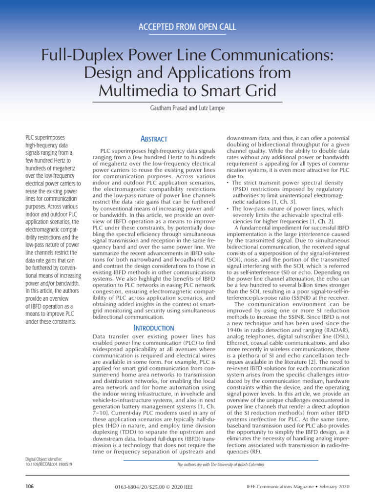Full-Duplex Power Line Communications Design and Applications From ...