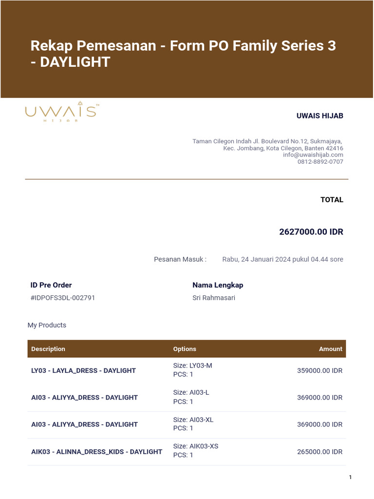 Rekap Pesanan Form PO Family Series 3 - DAYLIGHT#IDPOFS3DL-002791 | PDF