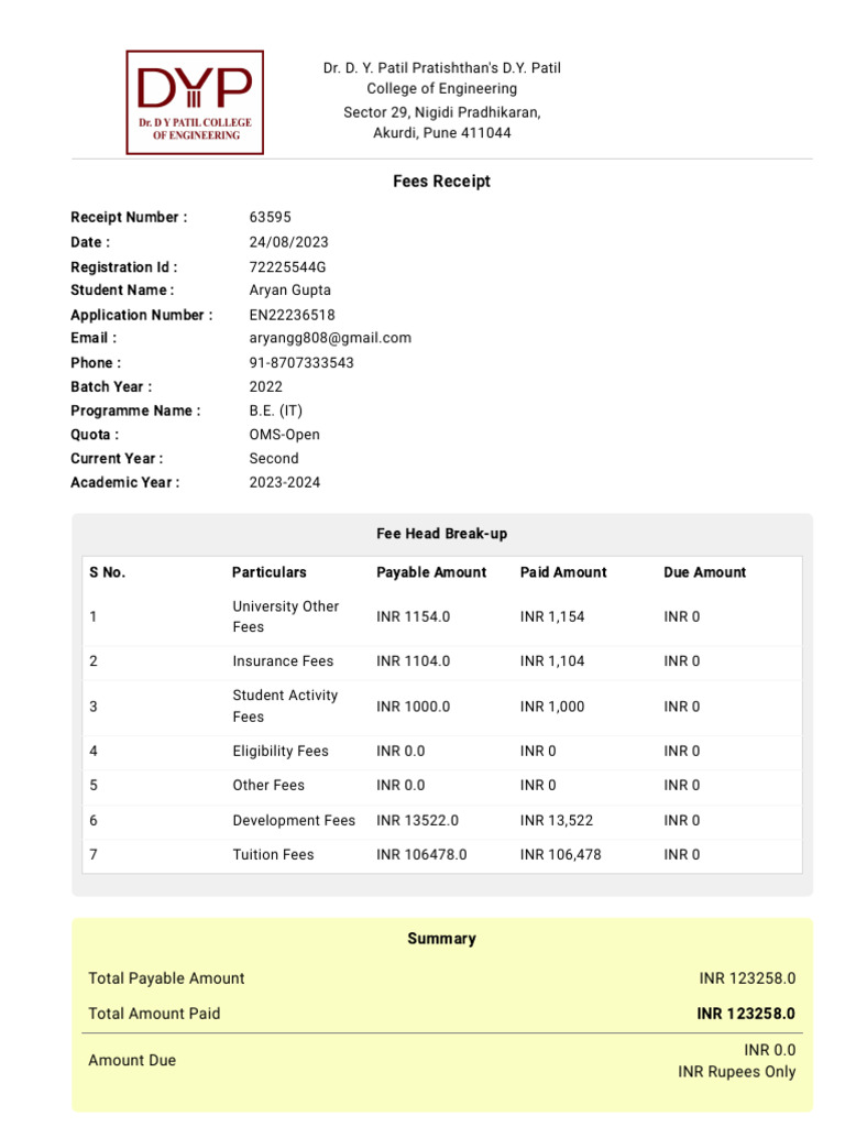 D.Y. Patil Engineering Fee Receipt 2023 | PDF | Receipt | Payments
