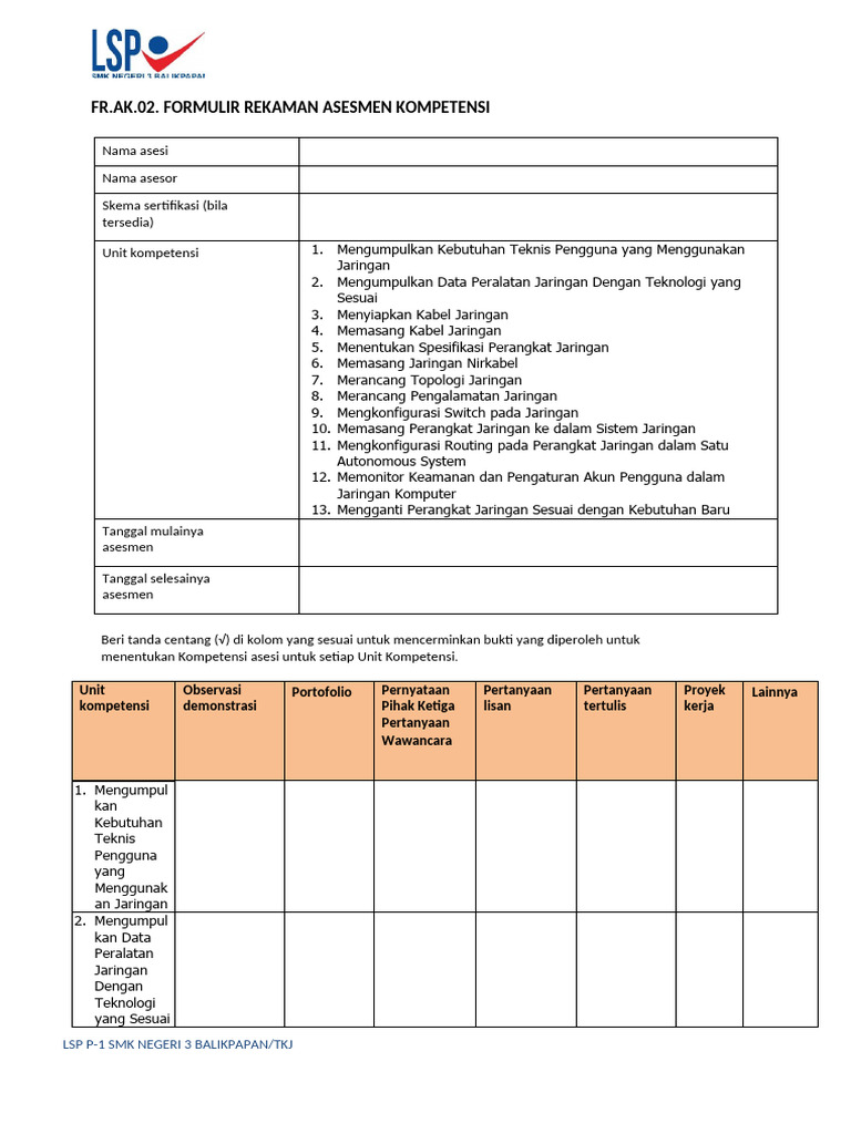 FR - Ak.02. Formulir Rekaman Asesmen Kompetensi | PDF
