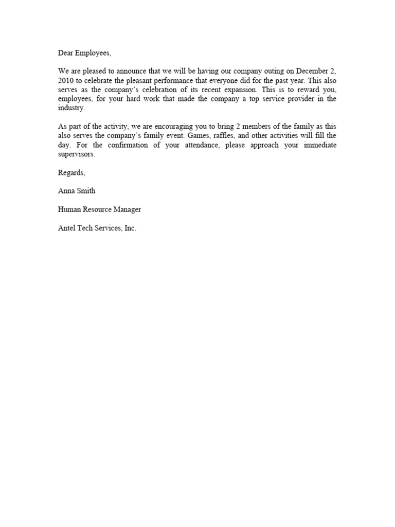 Company Outing Announcement Letter in Word Format | PDF