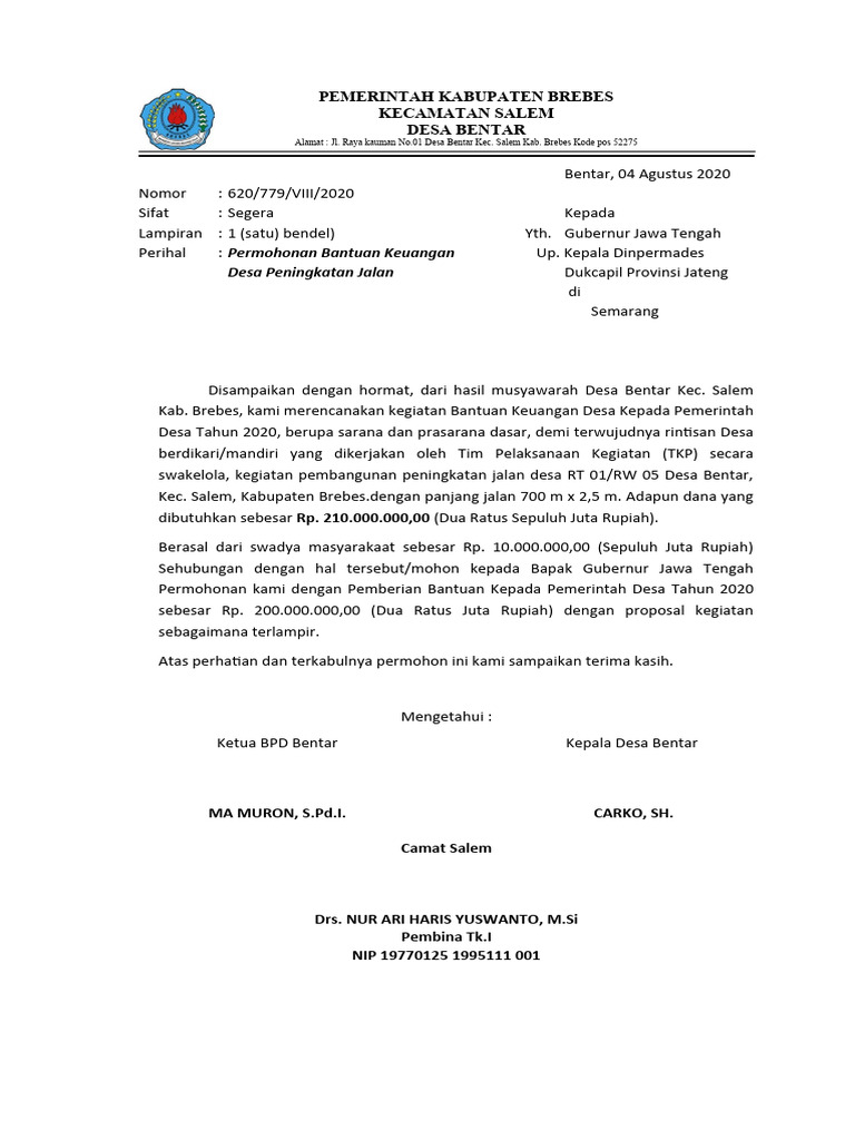 Proposal Bantuan Jalan Desa Bentar | PDF | Griya & Taman