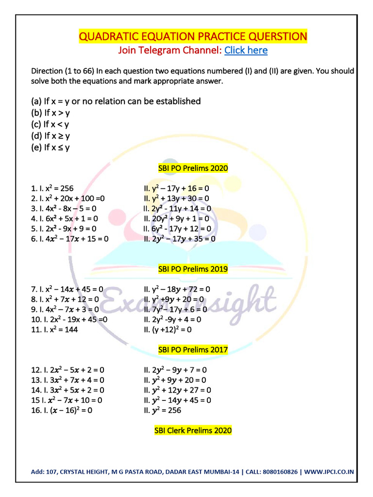 Quadratic Equation Practice Querstion: Join Telegram Channel | PDF ...