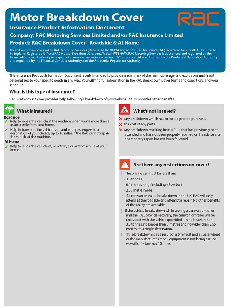RAC BD RoadsideAndAtHome IPID v1.0 | PDF | Insurance | Vehicles