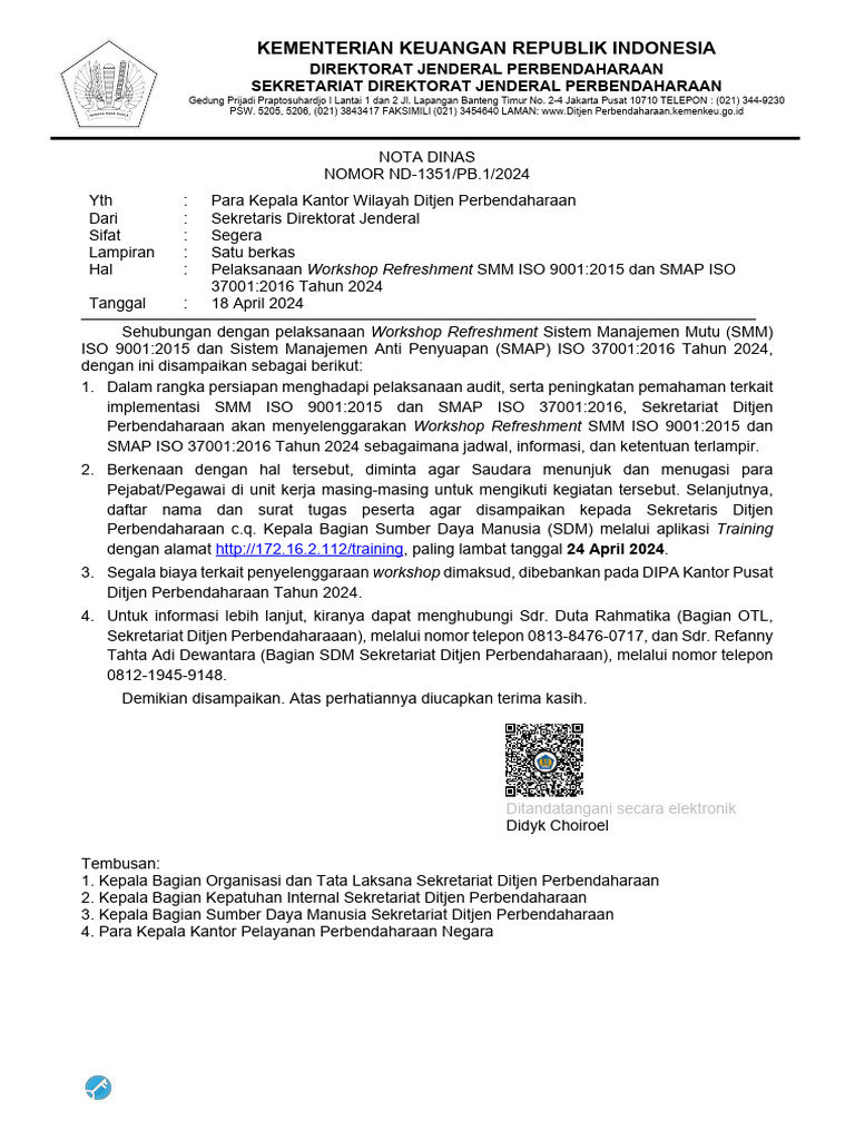 Pelaksanaan Workshop Refreshment SMM ISO 9001 - 2015 Dan SMAP ISO 37001 - 2016 Tahun 2024 | PDF