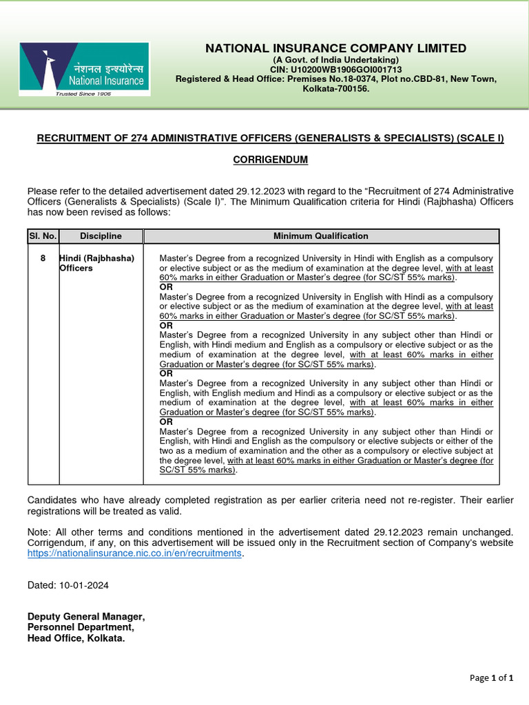 Corrigendum - Minimum Qualification Criteria For Hindi (Rajbhasha) Officers | PDF