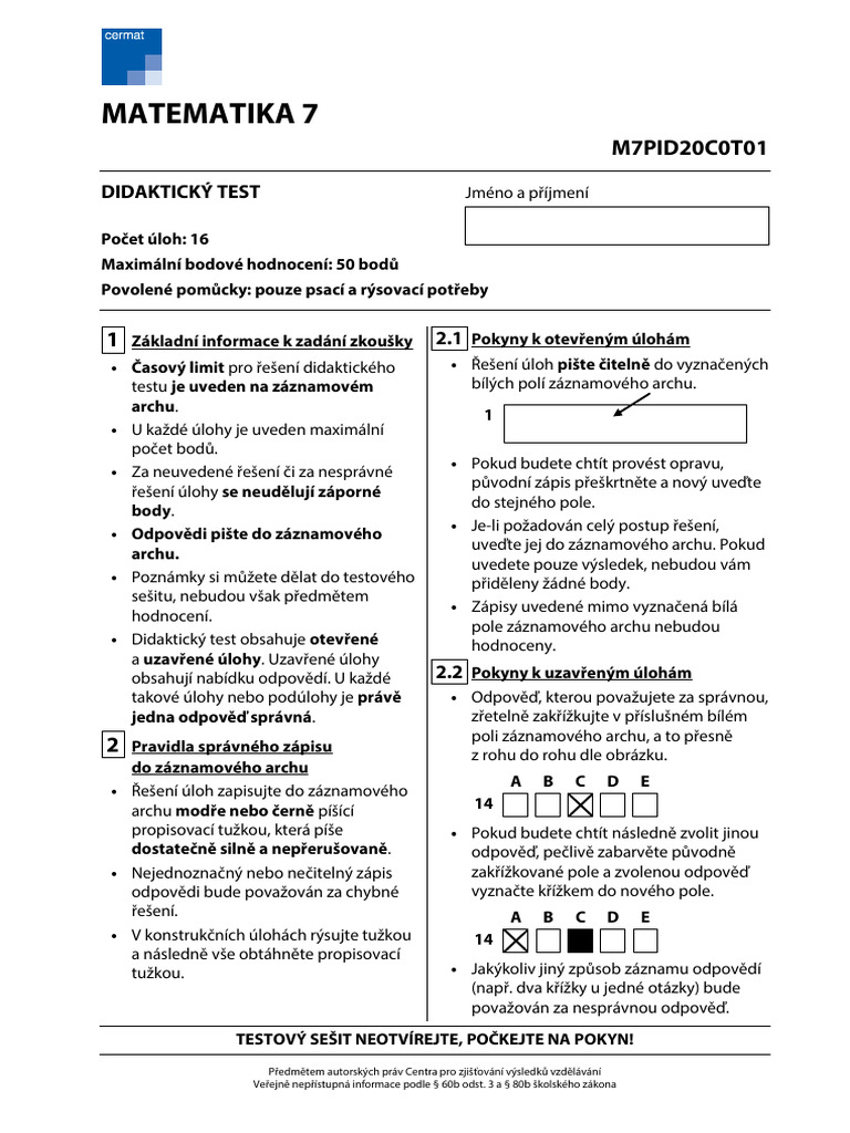M7PID20C0T01 Ilustracni Test 2020 7 Testovy Sesit | PDF