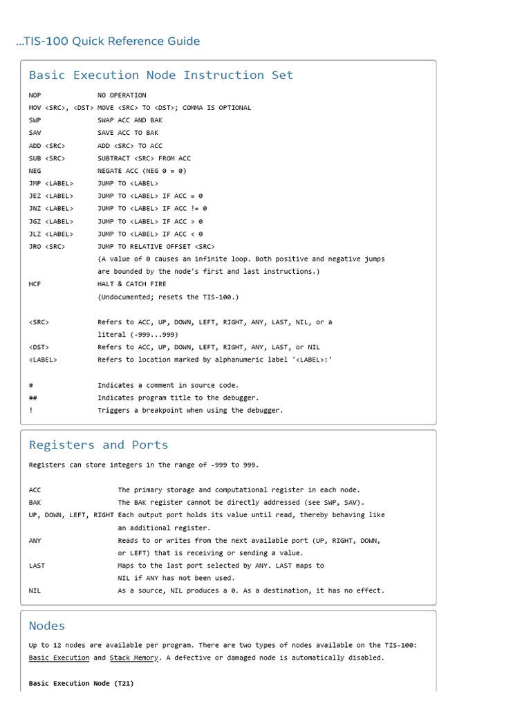 TIS-100 Quick Reference Guide | Download Free PDF | Computing | Computer Engineering