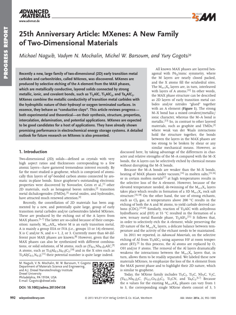 Advanced Materials - 2013 - Naguib - 25th Anniversary Article MXenes A ... Advanced Materials - 2013 - Naguib - 25th Anniversary Article MXenes A ...