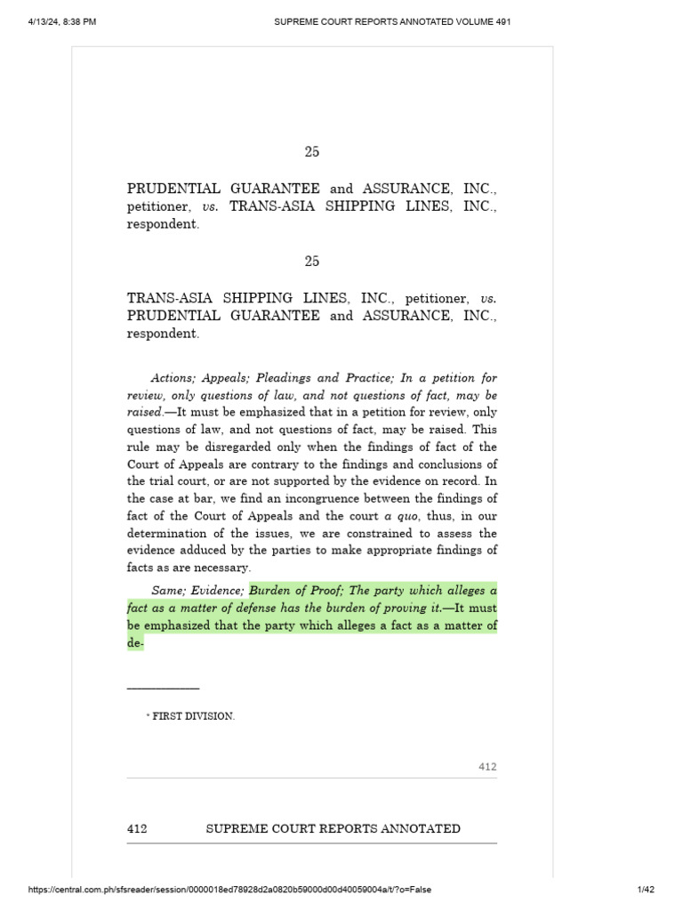 Prudential Guarantee and Assurance, Inc. vs. Trans-Asia Shipping Lines ...