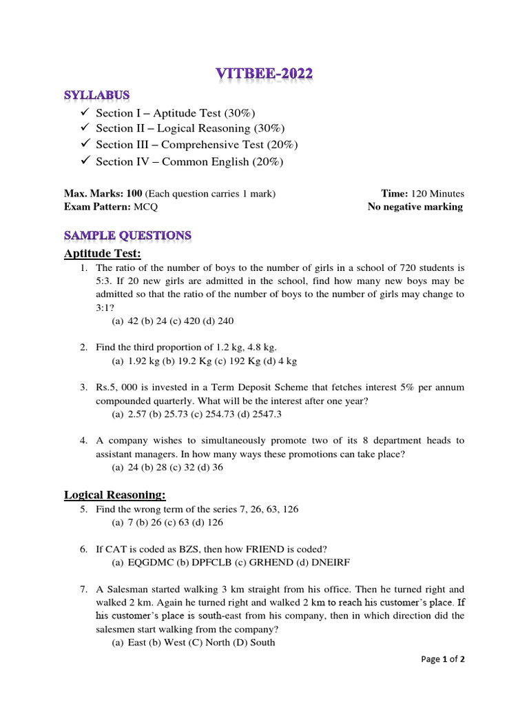 VITBEE 2022 Syllabus Sample Questions | PDF | Massive Open Online ...