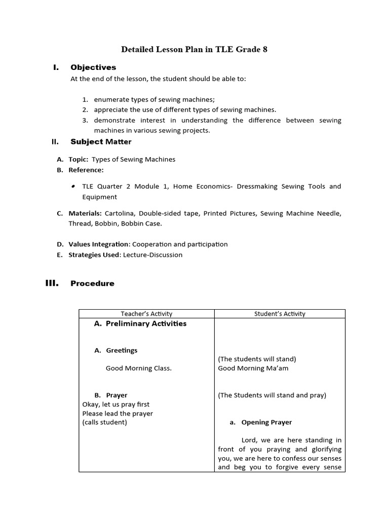 Detailed Lesson Plan in TLE 8 | PDF | Sewing | Sewing Machine