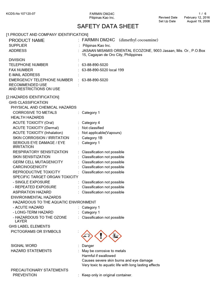 Dimethyl Cocoamine Safety Data Sheet | PDF | Toxicity | Solubility