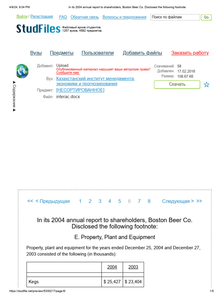 In Its 2004 Annual Report To Shareholders, Boston Beer Co. Disclosed ...