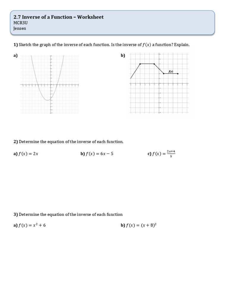 Inverse Function Worksheet | PDF | Function (Mathematics ...