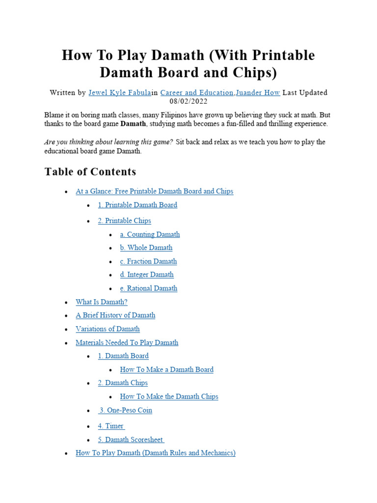 How To Play Damath | PDF | Numbers | Mathematics