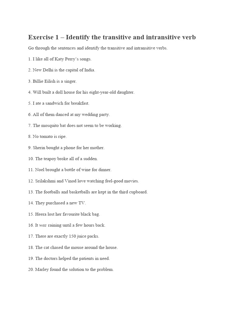 Exercise 1 - Identify The Transitive and Intransitive Verb | PDF | Verb ...