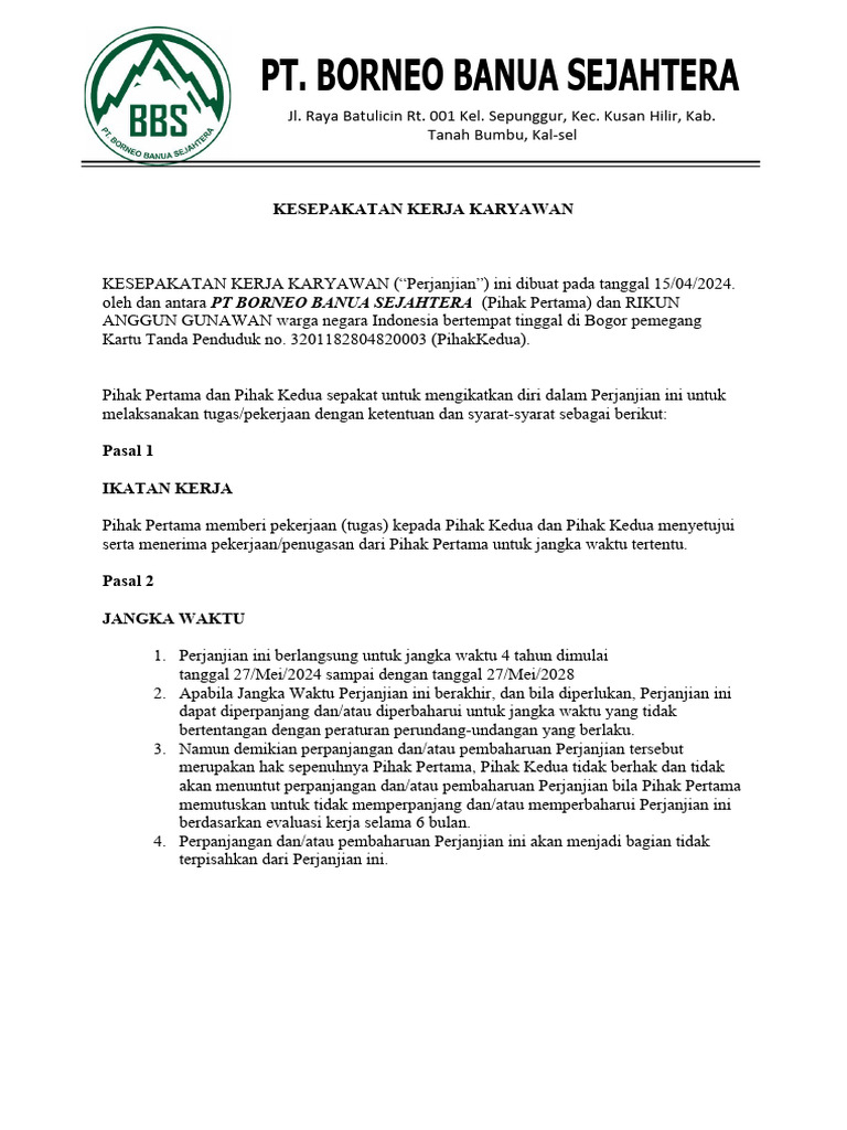 Kesepakatan Kerja PT Borneo Banua Sejahtera | PDF