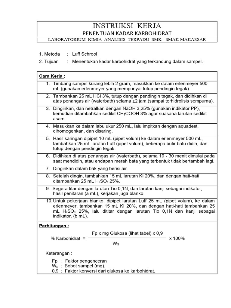 Metode Luff Schrool untuk Kadar Karbohidrat | PDF | Sains & Matematika