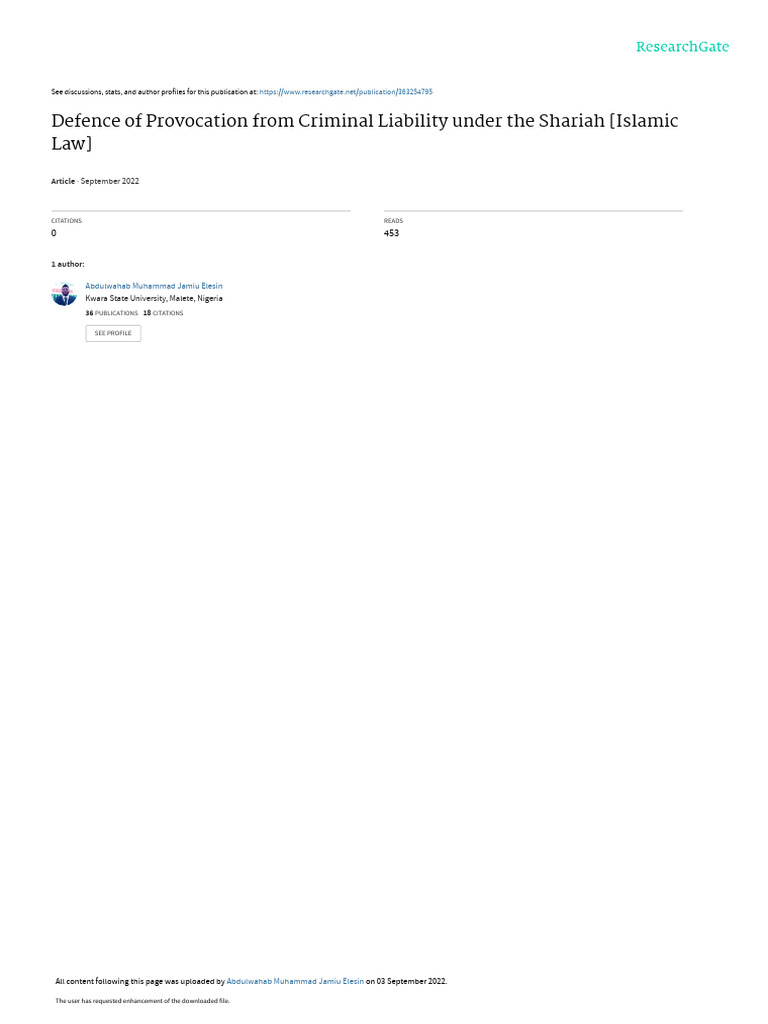 Defenceof Provocationfrom Criminal Liabilityunderthe Shariah Islamic ...