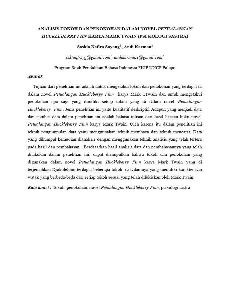 Analisis Tokoh Dan Penokohan Dalam Novel Petualangan Huckleberry Fiin Karya Mark Twai1 | PDF ...