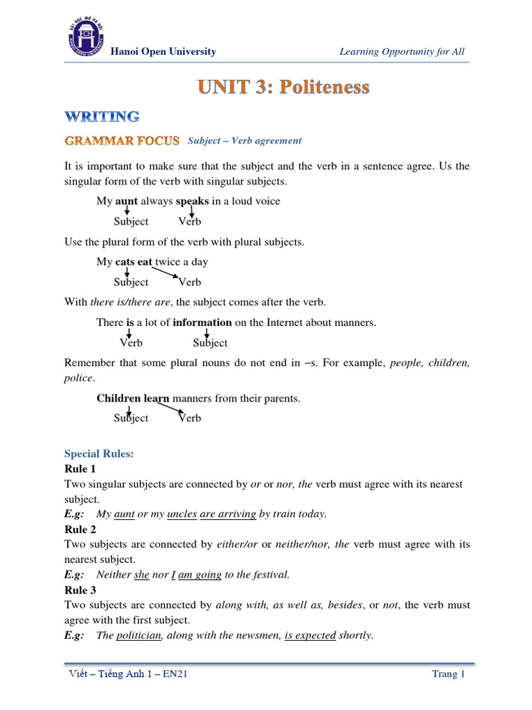 UNIT 3 Politeness - Writing | PDF | Subject (Grammar) | Verb